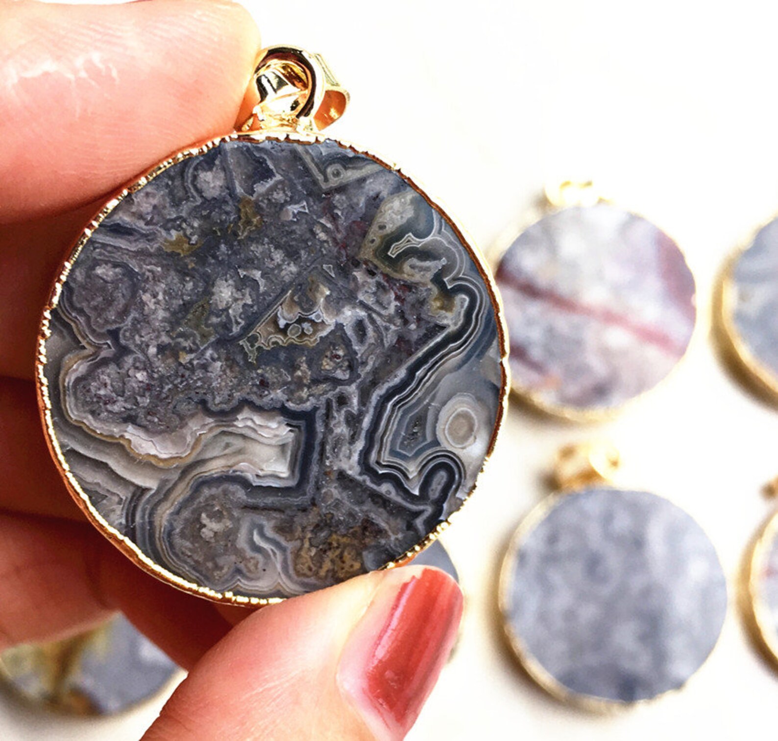 Colorful Agate Round Pendant Necklace // Large Beautiful | Etsy