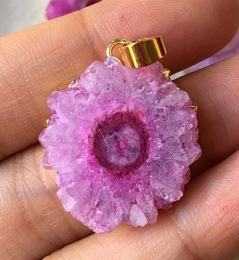 Pink Geode Slice Druzy Crystal Gemstone Pendant With 24k - Etsy