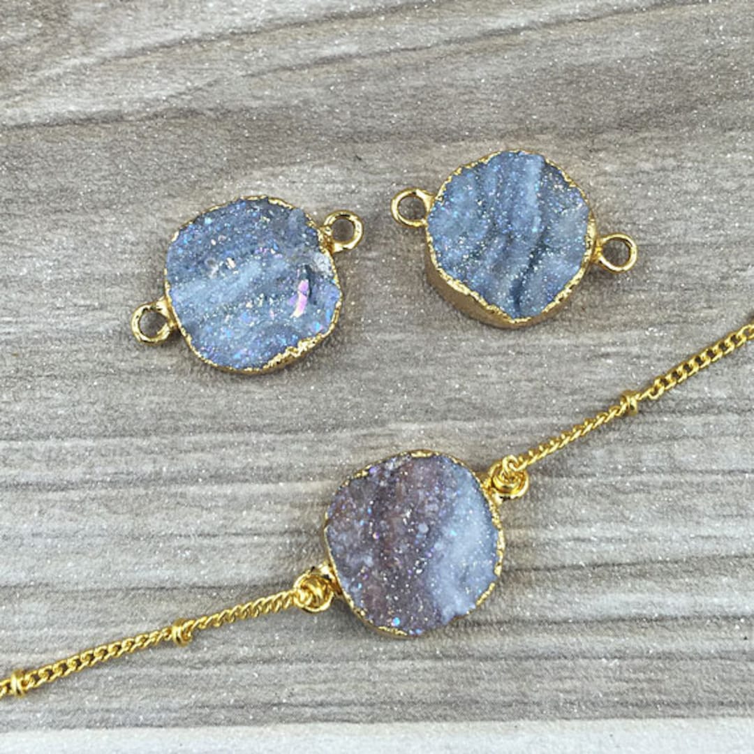 New Beautiful Agate Druzy Druzzy Drusy Round Shaped Double Bail Connector Pendant With Gold ...