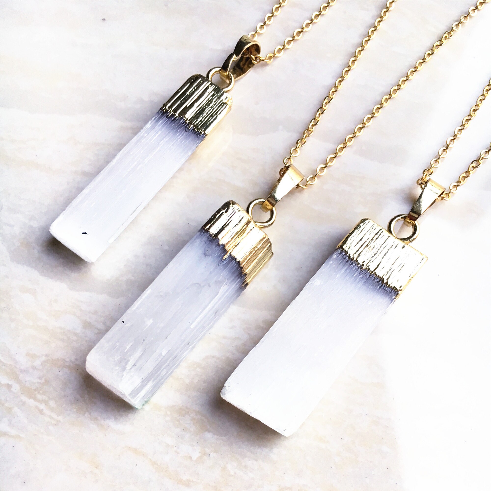 Rectangle Slender White Selenite Pendant // Silver Plated - Etsy