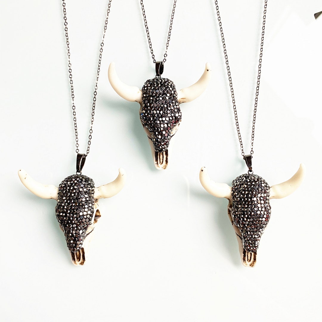 Pave Rhinestone Crystal Longhorn Resin Horn Black Face Cattle Pendant ...