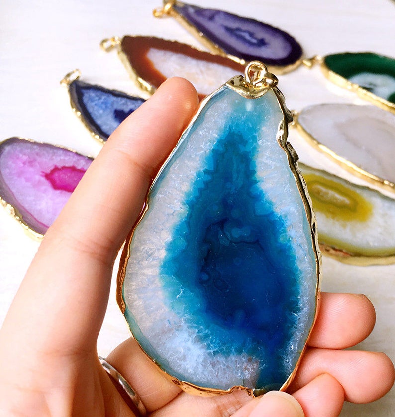 ON SALE Large Geode Agate Slice Druzy Pendant With Gold Plated - Etsy