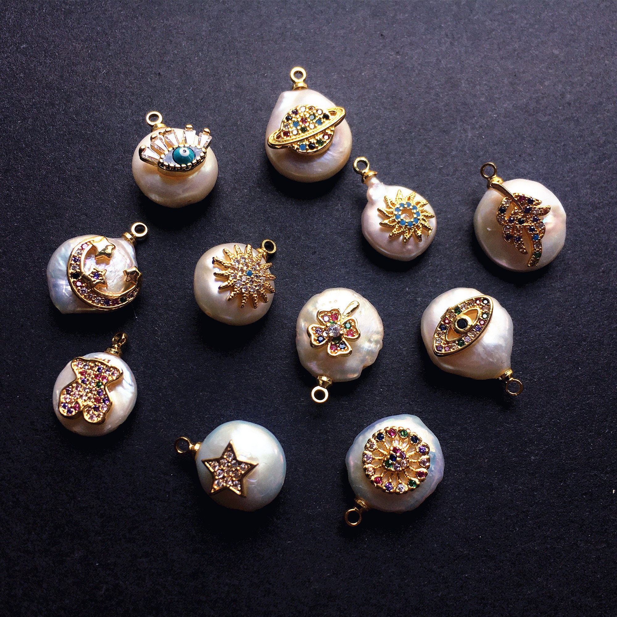 10 Pieces Mixed Mother of Pearl Shell Pendant Charms Pave CZ ...