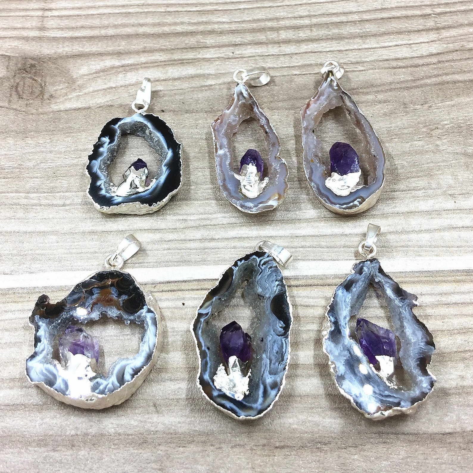 Natural Geode Agate Druzy Slice Pendants // Silver Agate | Etsy