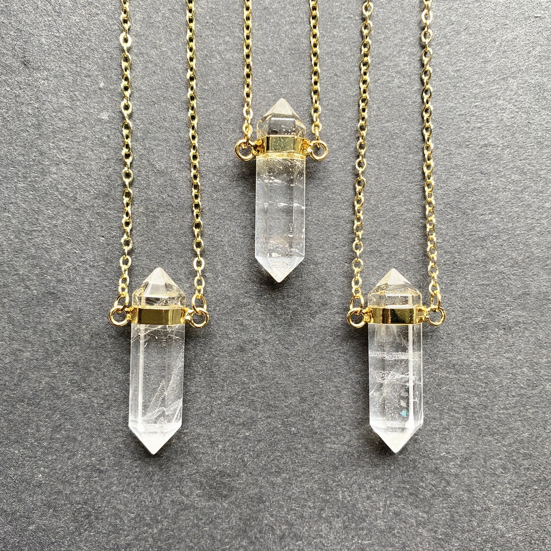 Gold Crystal Point Necklace // Rock Crystal Quartz Point Pendant Double ...