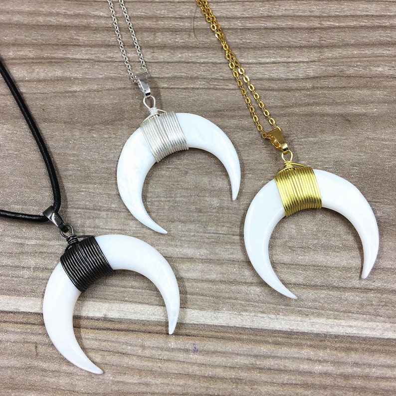 White Shell Crescent Double Horn Pendant Electroplated in Gunmetal ...