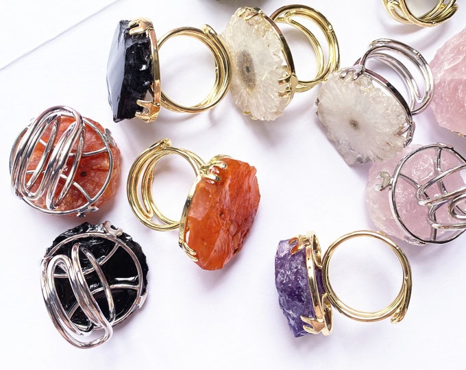 Raw Gemstone Ring // Natural Healing Crystal Quartz Band Rings - Etsy