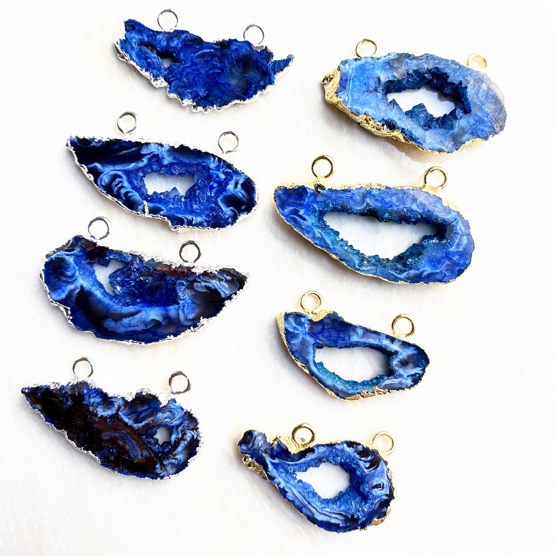 Blue Agate Druzy Occo Geode Slice Pendant Connector With Electroplated ...