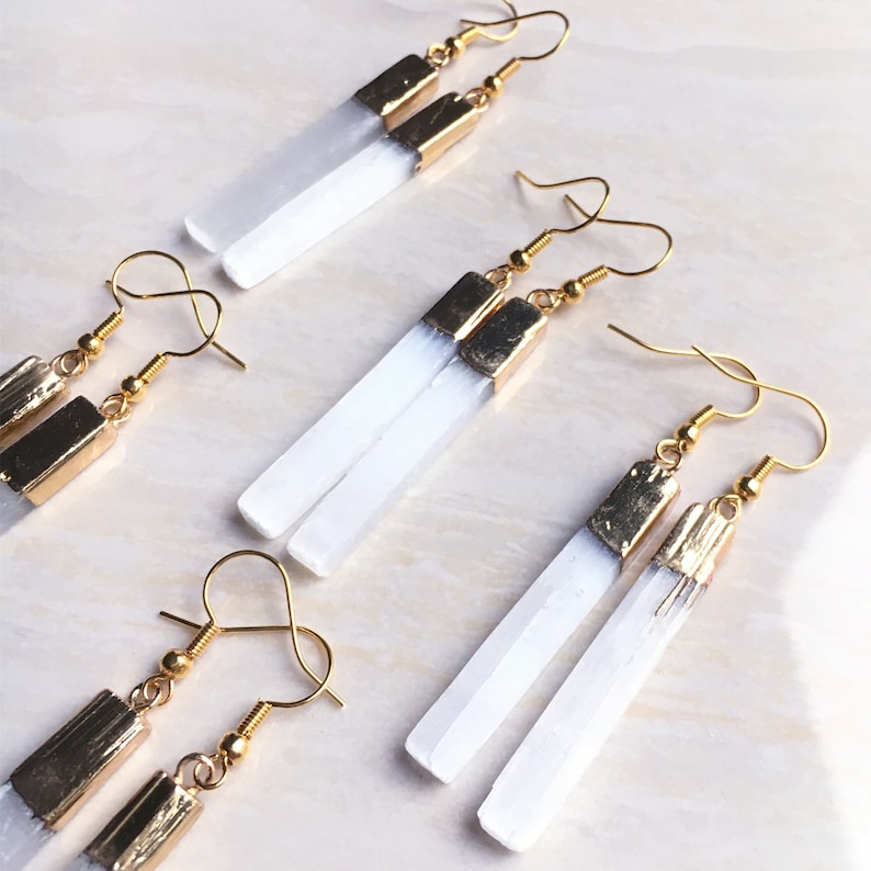 Thin Slender White Selenite Pendant // Selenite Earrings // - Etsy