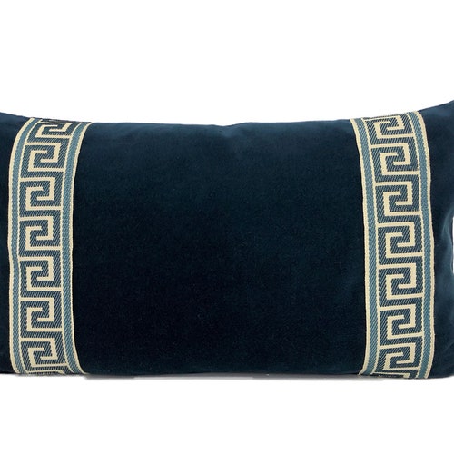 Navy Blue Velvet Square Pillow Cover With Greek Key Trim - Etsy