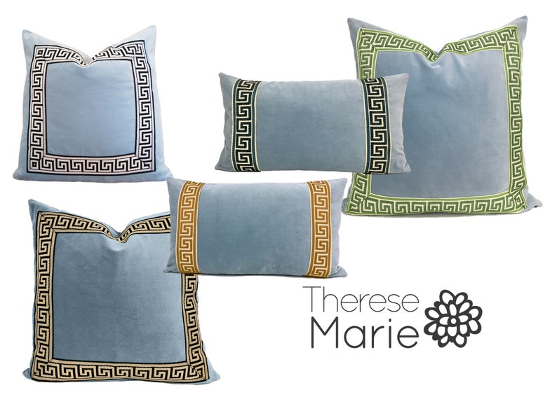 Light Blue Velvet Lumbar Pillow Cover With Green Greek Key - Etsy Light Blue Velvet Lumbar Pillow Cover With Green Greek Key - Etsy