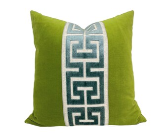 Aqua Mist Square Velvet Pillow Cover With Greek Key Trim - Etsy