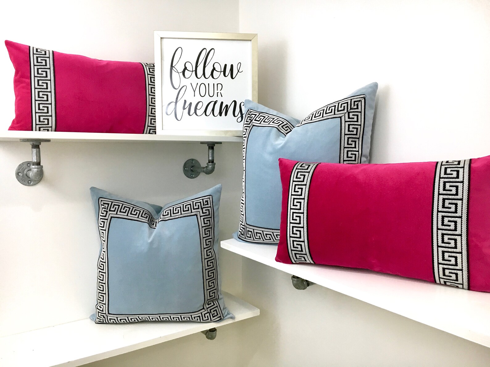 Light Blue Velvet Lumbar Pillow Cover With Green Greek Key - Etsy Light Blue Velvet Lumbar Pillow Cover With Green Greek Key - Etsy