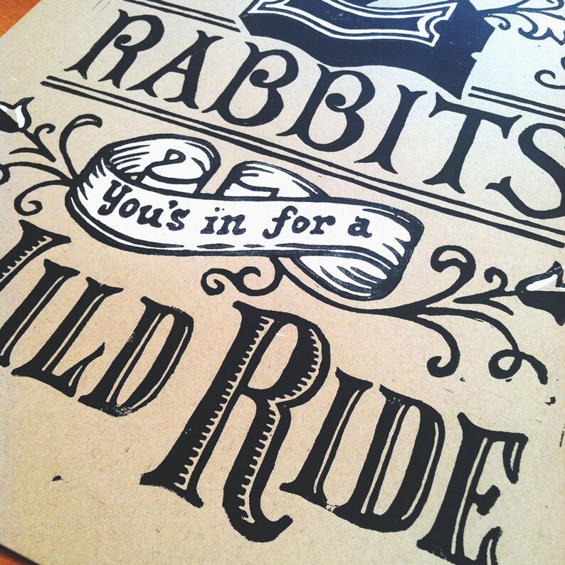 Two Rabbits Print. 2 Color, Hand Carved, Hand Printed, Linocut Relief ...