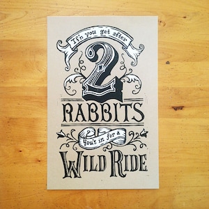 Two Rabbits Print. 2 Color, Hand Carved, Hand Printed, Linocut Relief ...