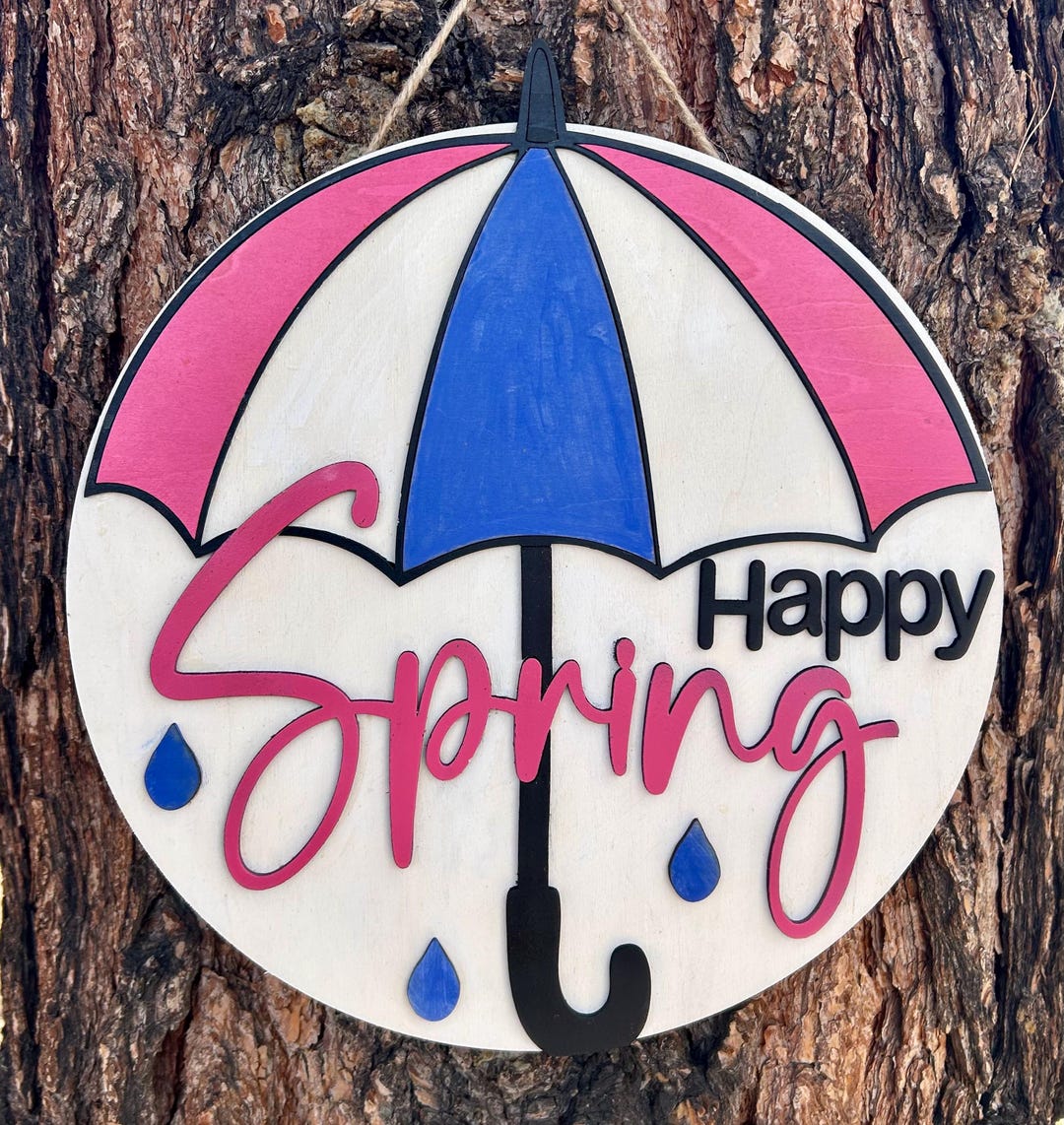 Happy Spring Umbrella Door Hanger Sign, Round Spring Door Sign ...
