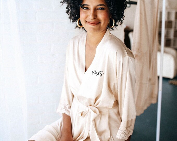 Mrs Satin Lace Robe, White Bride Robe Satin Lace, Custom Mrs Robe ...