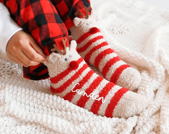 Personalized Reindeer Socks Cozy Fuzzy Christmas Socks Custom Holiday ...