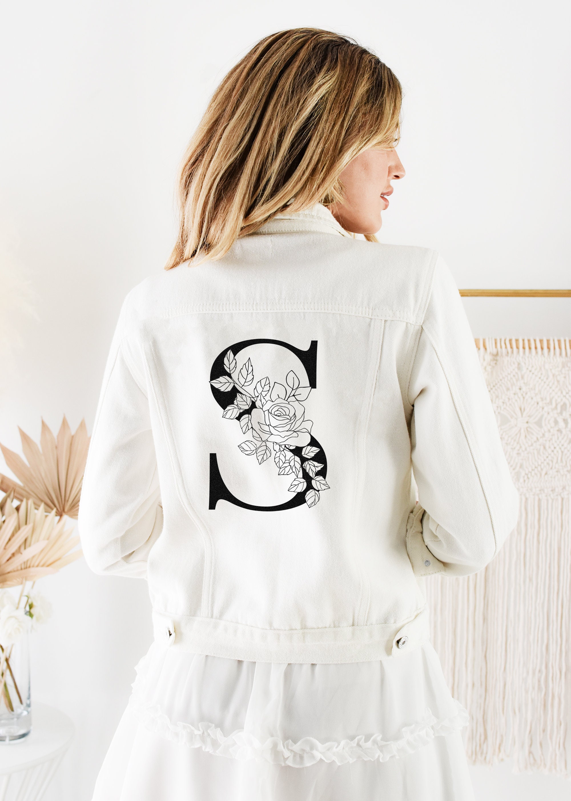 Floral Monogram Jacket White Monogrammed Jean Jacket Initial | Etsy