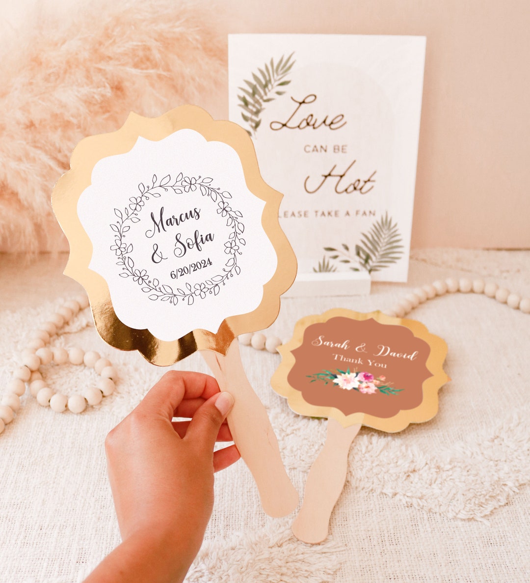Custom Gold Paddle Fans - DIY Summer Wedding Favor - Love Can Be Hot ...