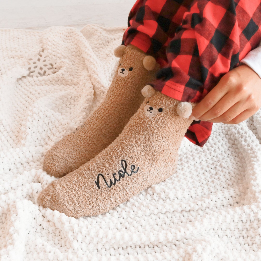 Custom Teddy Bear Socks - Cute Bear Fuzzy Socks - Fluffy Fleece Socks ...