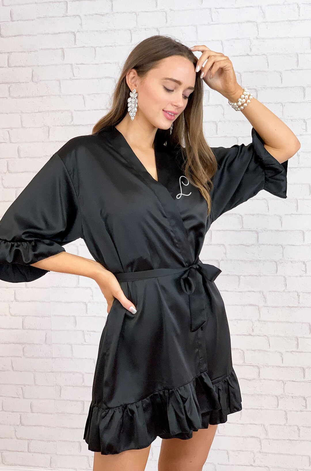 Black Bridesmaid Robes Satin Ruffled Robe Matching Bridesmaid Robes ...