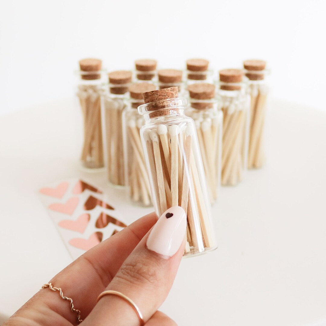 Match Bottle Favors - Set of 10 Glass Match Bottles W/ Cork Top & Heart ...