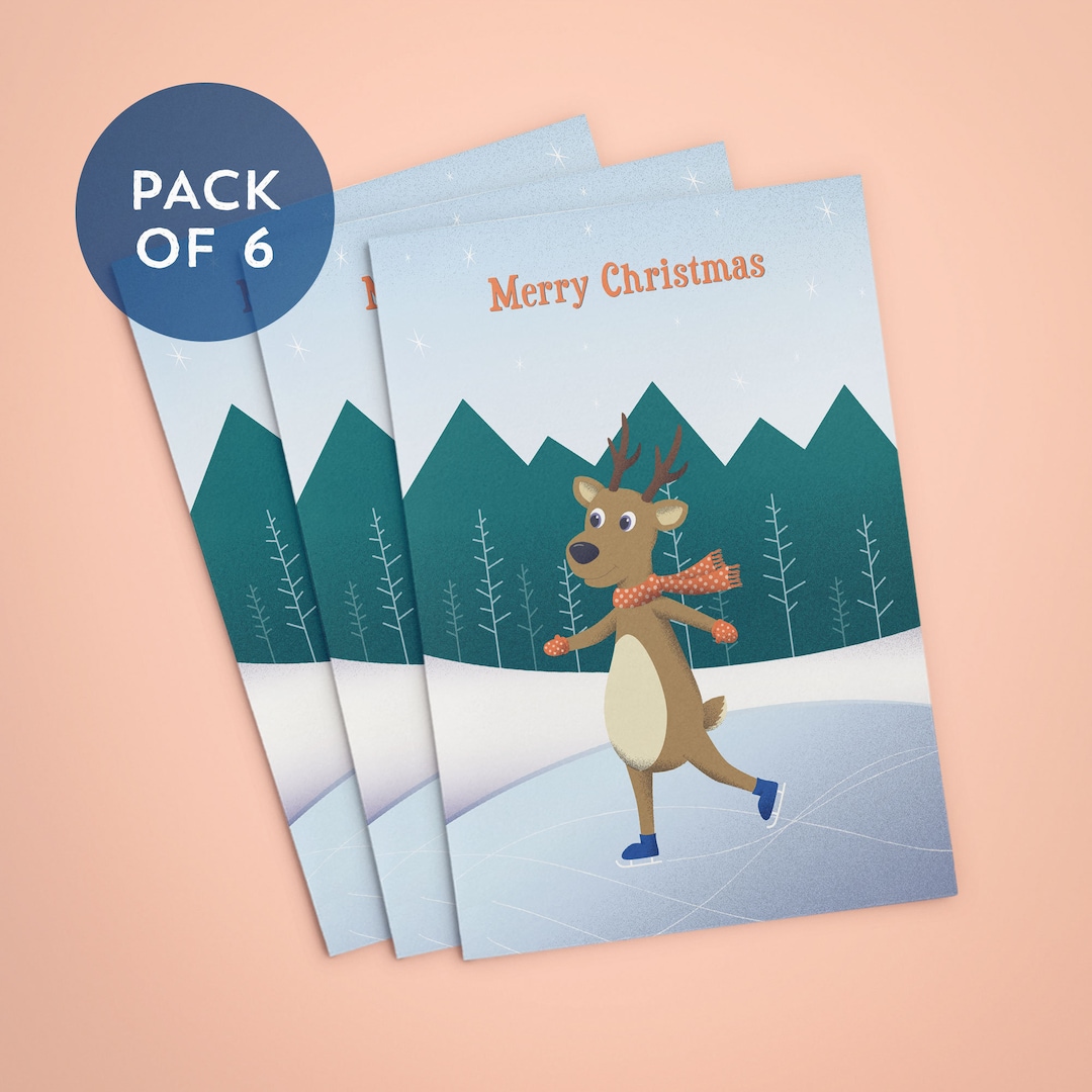 Ice Skating Reindeer Christmas Cards Pack, Cute Woodland Xmas Holiday ...