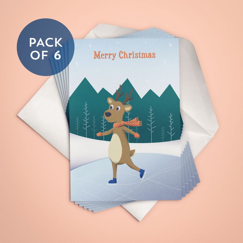 Ice Skating Reindeer Christmas Cards Pack, Cute Woodland Xmas Holiday ...