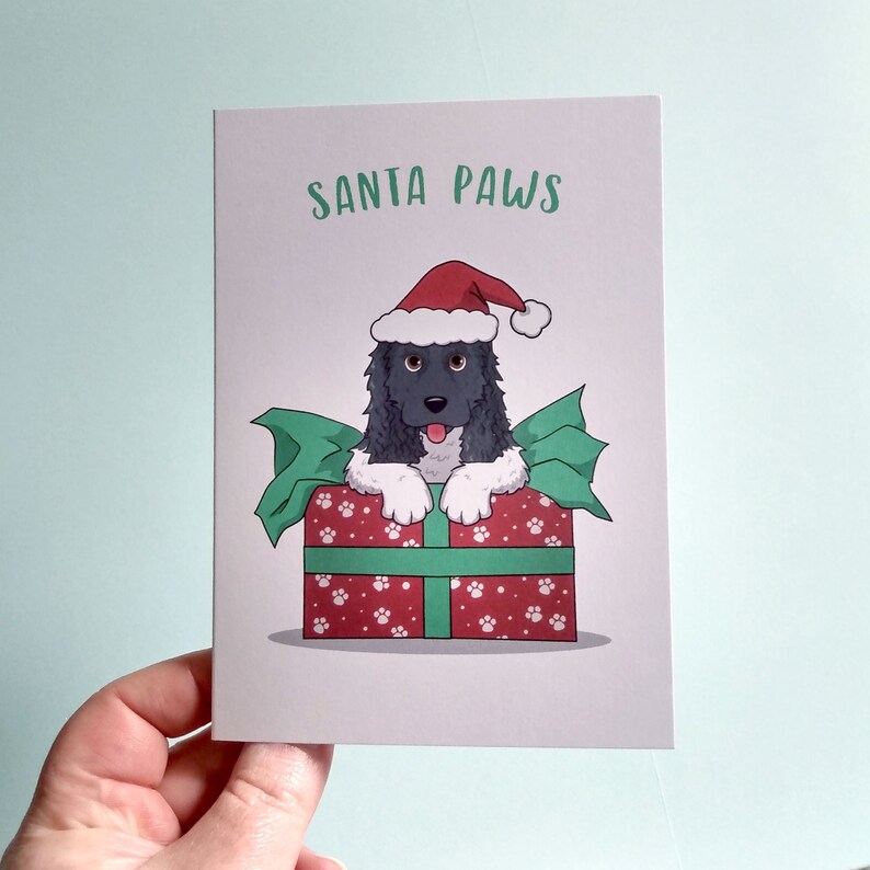 Santa Paws Christmas Card Black and White Spaniel Holiday | Etsy UK