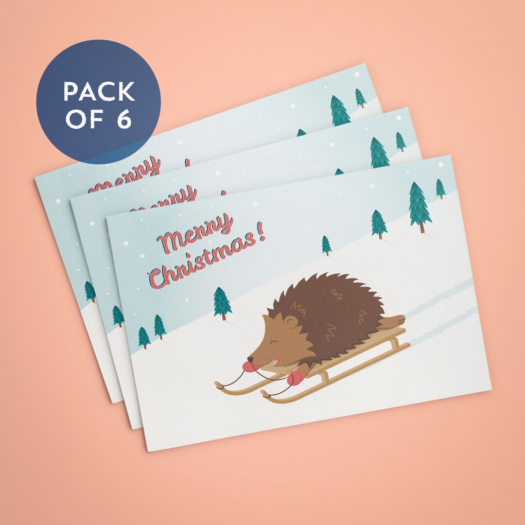 Sledging Hedgehog Christmas Cards Pack, Sledgehog Cute Woodland Xmas ...