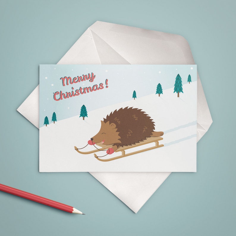 Sledging Hedgehog Christmas Cards Pack, Sledgehog Cute Woodland Xmas ...