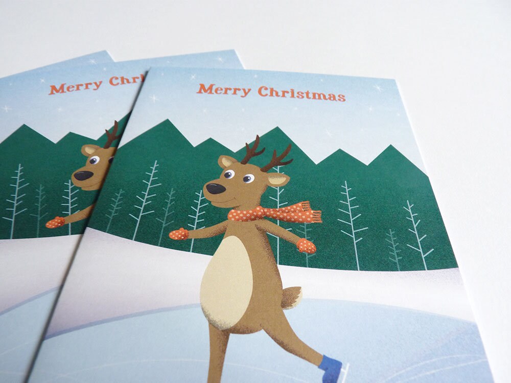 Ice Skating Reindeer Christmas Cards Pack, Cute Woodland Xmas Holiday ...