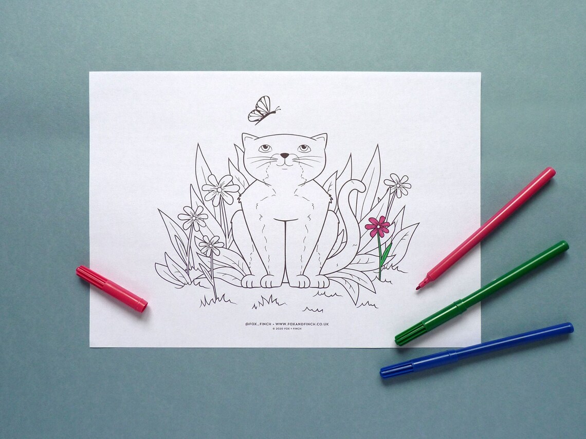 Cat Printable Colouring Page, Cute Kitten and Butterfly Digital ...