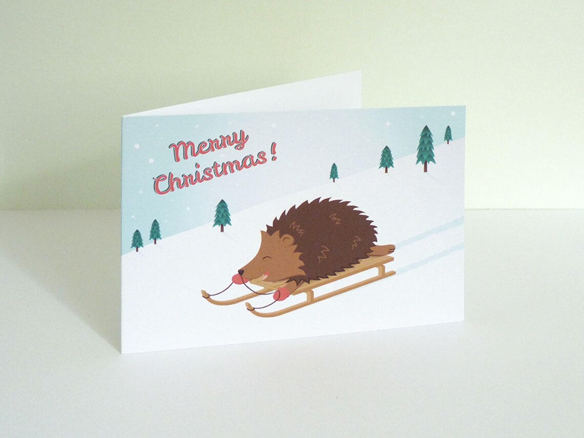 Sledging Hedgehog Christmas Cards Pack, Sledgehog Cute Woodland Xmas ...