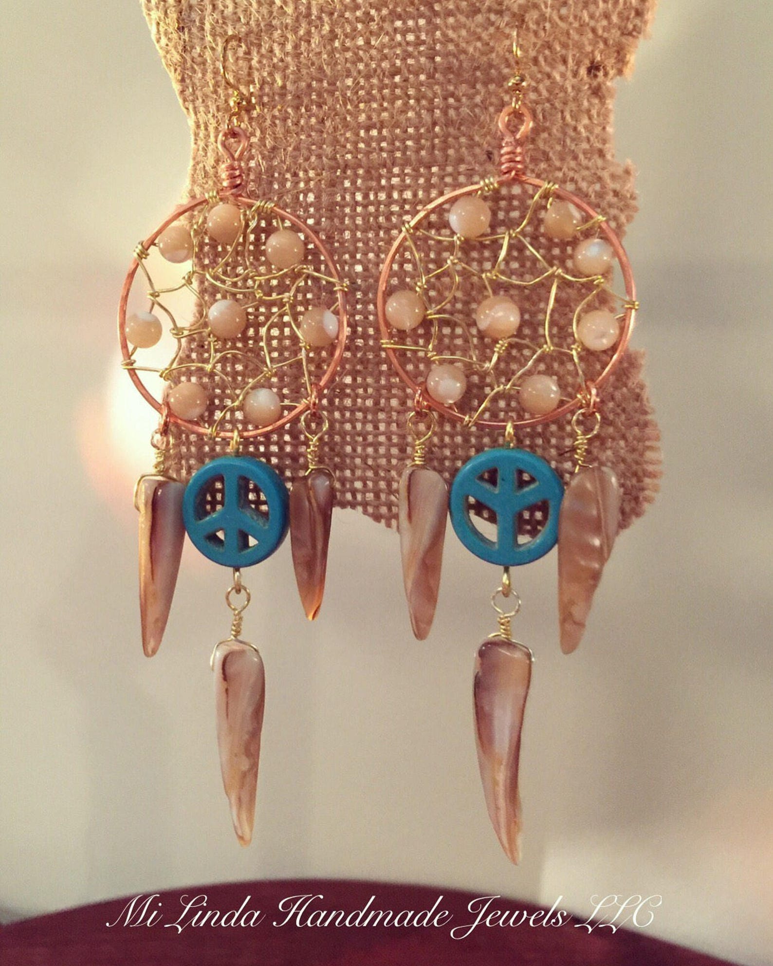 Mother Of Pearl Sea Shell Peace Sign Dream Catcher Earrings Etsy