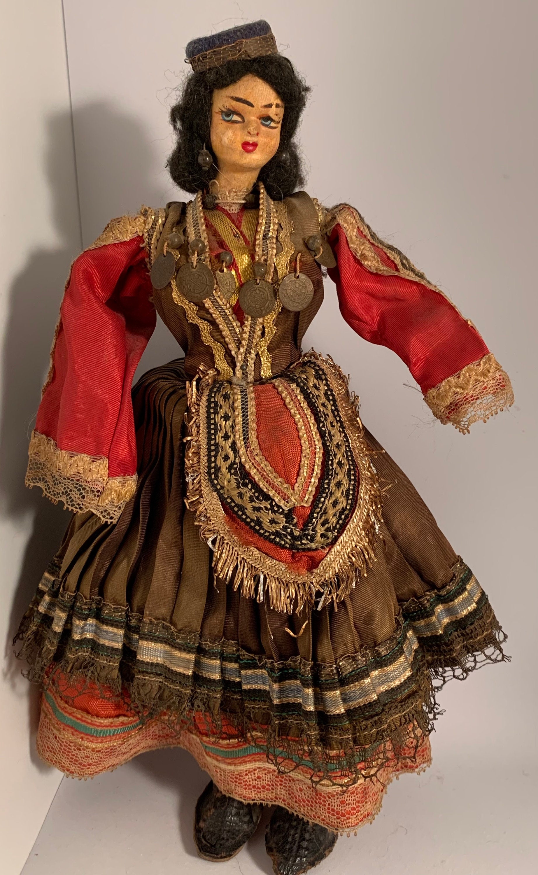 Vintage Greek Doll Traditional Costume, Coins Sewn on Dress, Gold, Lace ...