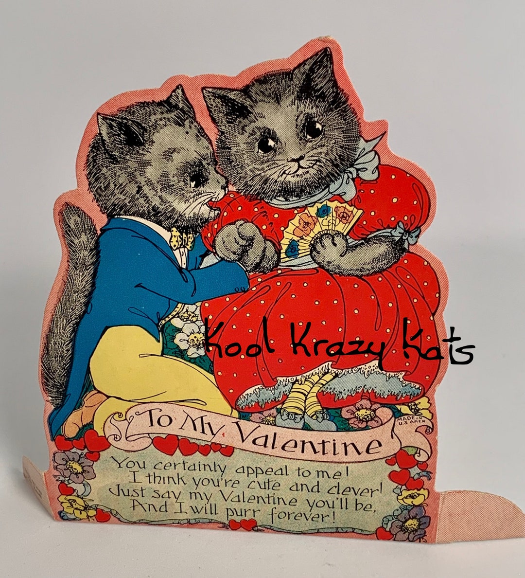 Vintage 50's Valentine Card, Die-cut, Cat Proposing, Cats in Clothes ...
