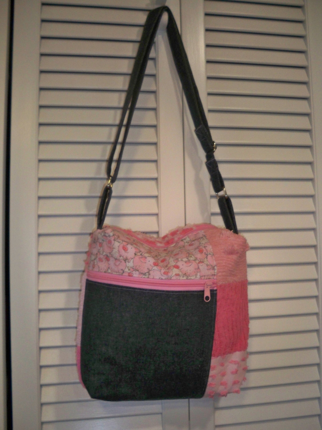 Upcycled Chenille, Denim, and Pig Print Fabric Crossbody Bag Purse ...