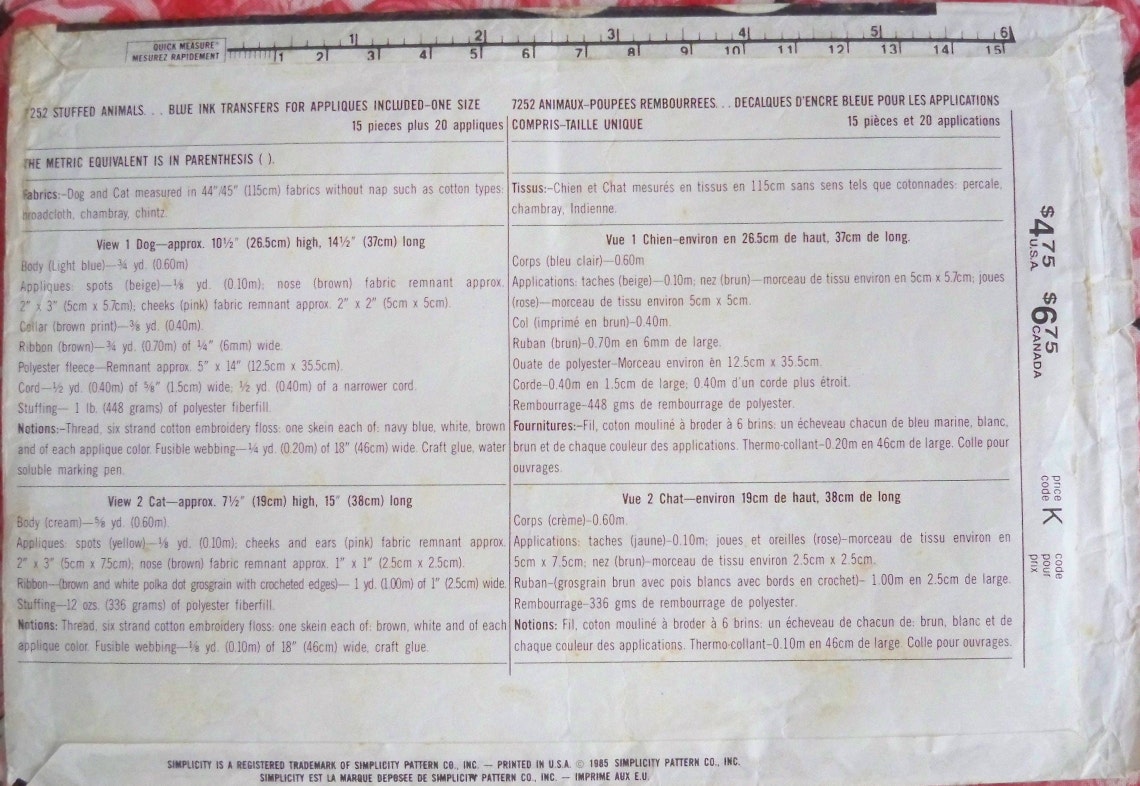 Simplicity 7252 Sewing Pattern Cat and Dog Stuffed Animals the Vanessa ...