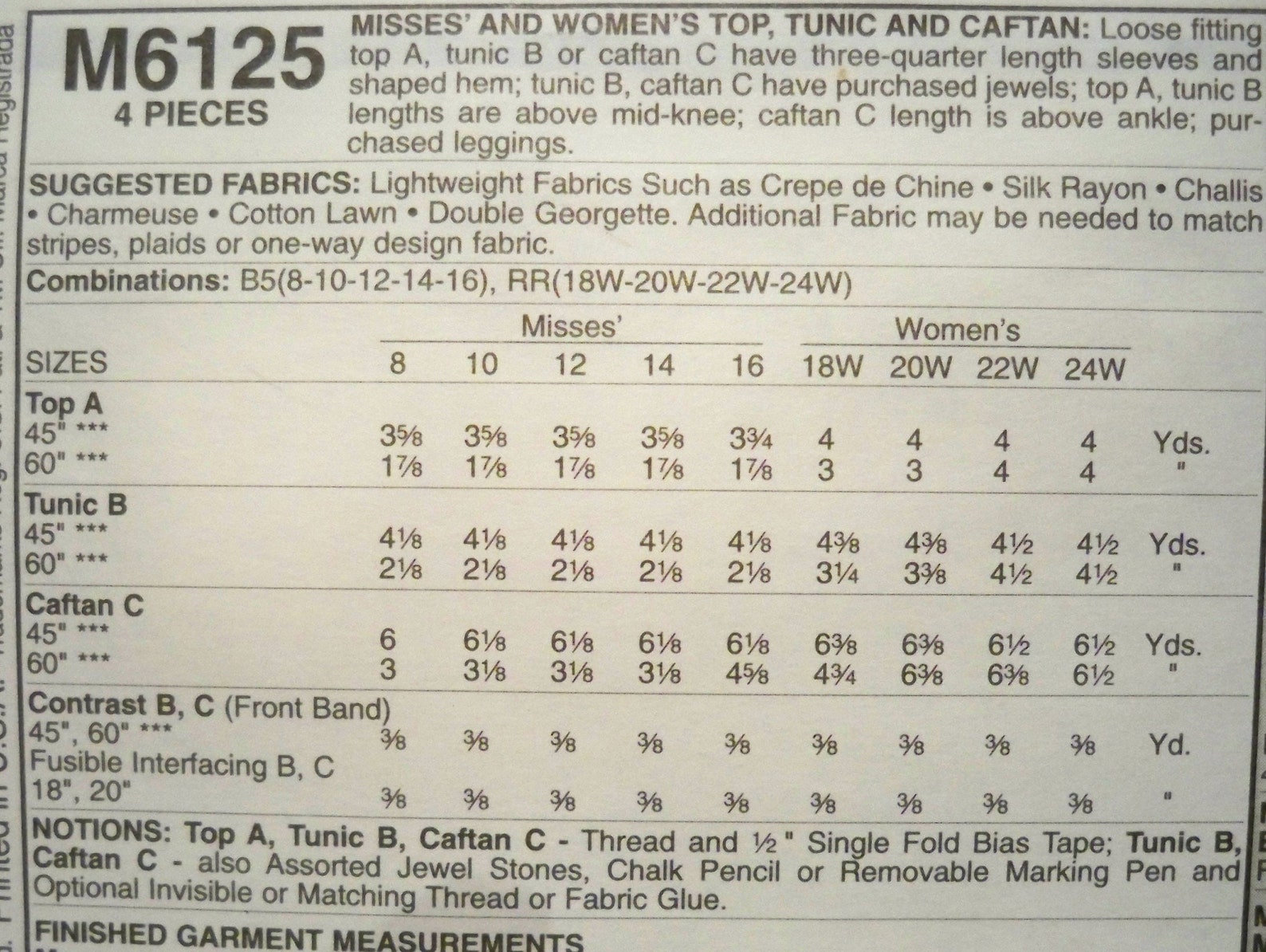 Uncut Mccall's M6125 Misses' Top, Tunic, and Caftan Size 8-10-12-14-16 ...