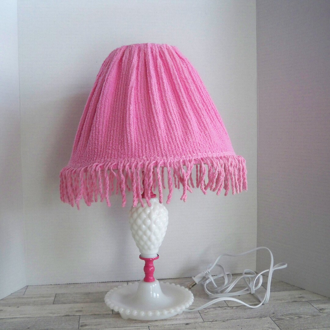 Upcycled Vintage Milk Glass Lamp With Upcycled Pink Chenille Lampshade Girls Bedroom Nursery
