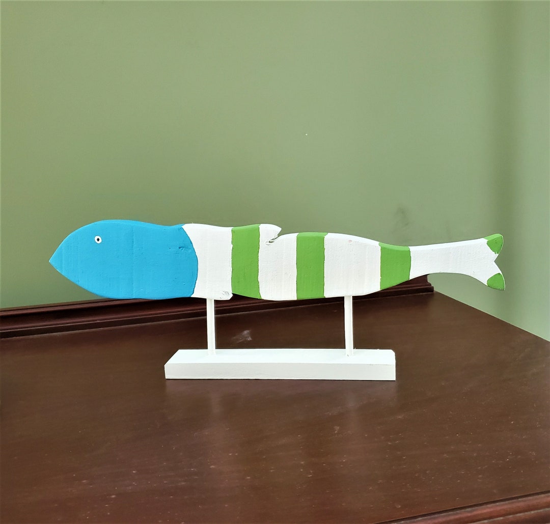 Blue Green and White Fish on Stand 16x6" - Etsy