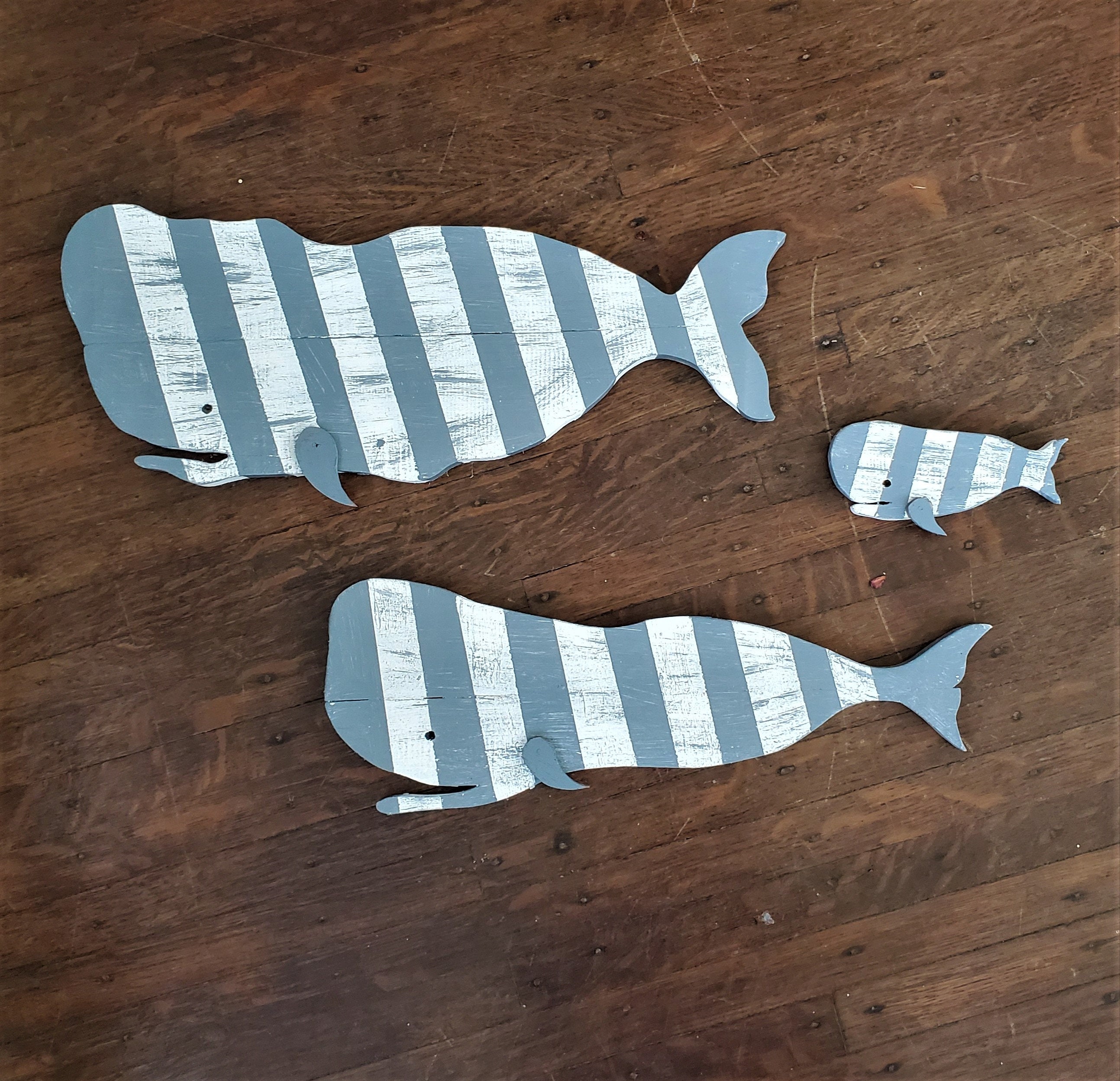 Whale Family With One Baby in Distressed Wood Antique Blue and White ...