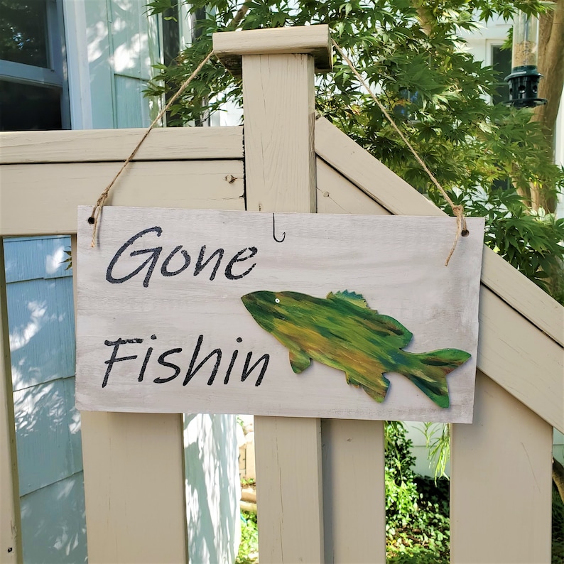Gone Fishin' 20x10" Hanging Sign With Hand-painted Freshwater Fish ...