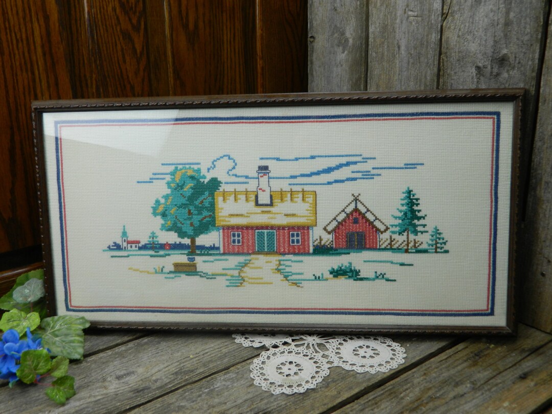 Vintage Cross Stitch Barn Scene in Wood Frame Barn, Out Building - Etsy