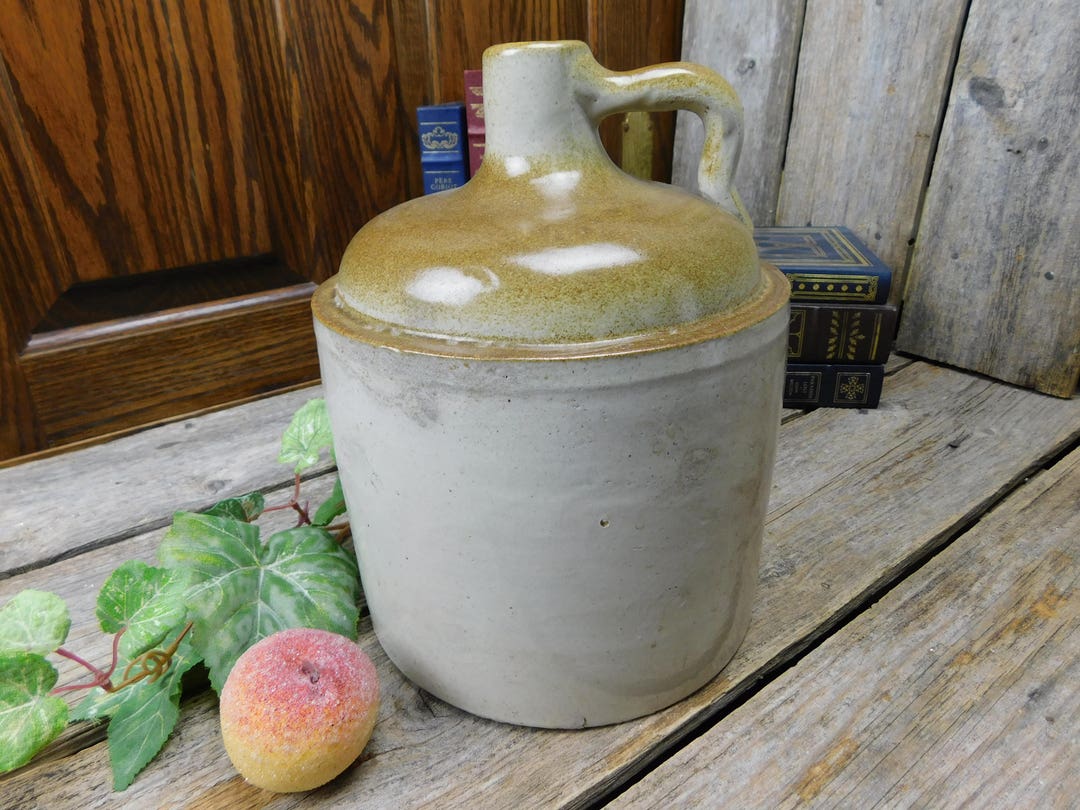 Antique 1 Gallon Two Tone Pottery Handle Whiskey Storage Jug Crock ...