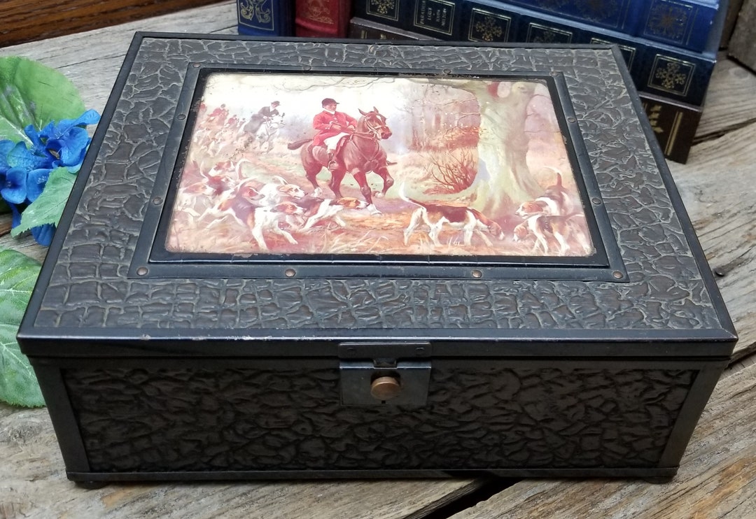 Vintage Metal, Wood and Glass Document Box English Hunting Scene - Etsy
