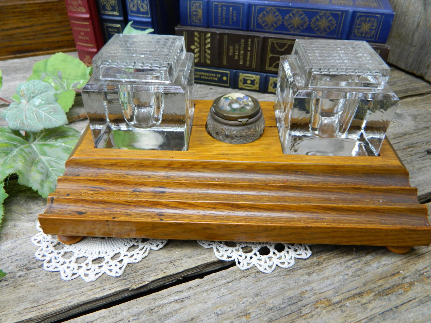 On Sale......antique Oak Glass Inkwell Desk Set - Etsy