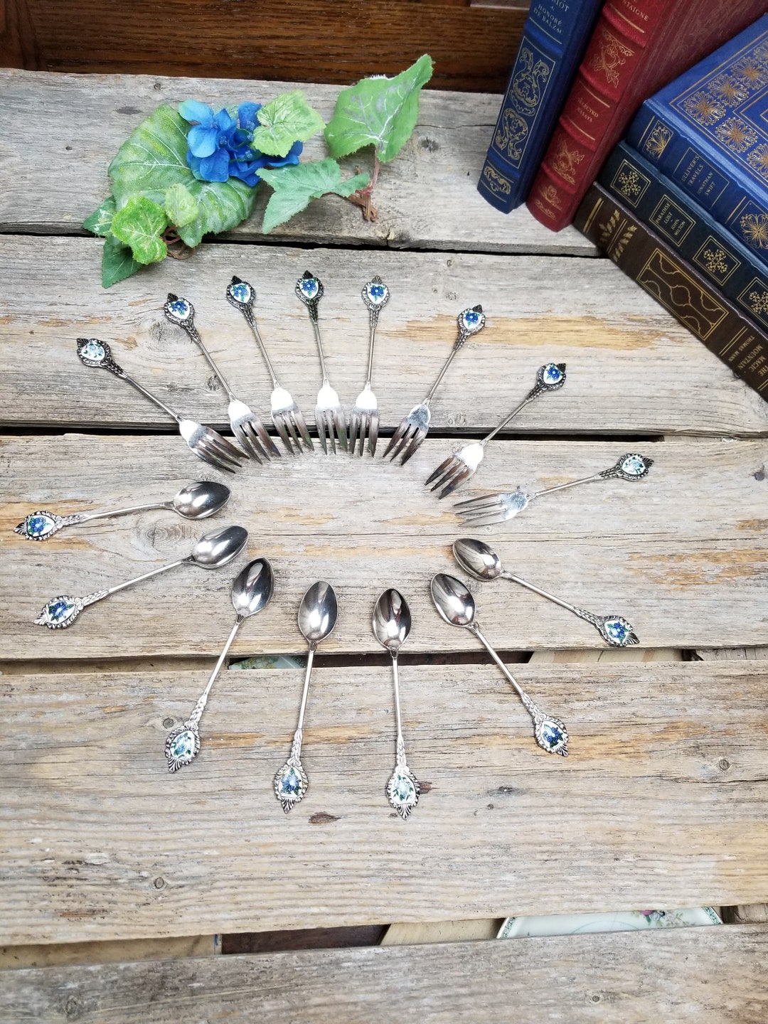 Two Sets of Metal and Ceramic Cocktail Appetizer Forks and Spoons Mid ...